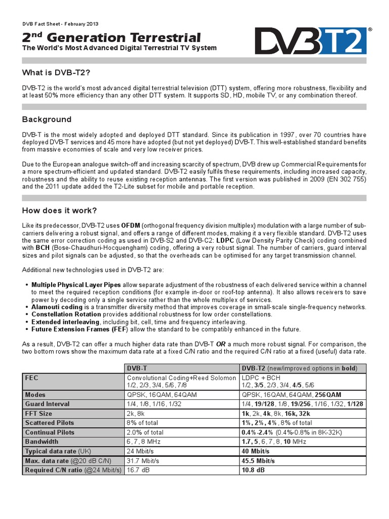 DVB T2 Factsheet | PDF | Forward Error Correction | Film And Video Technology