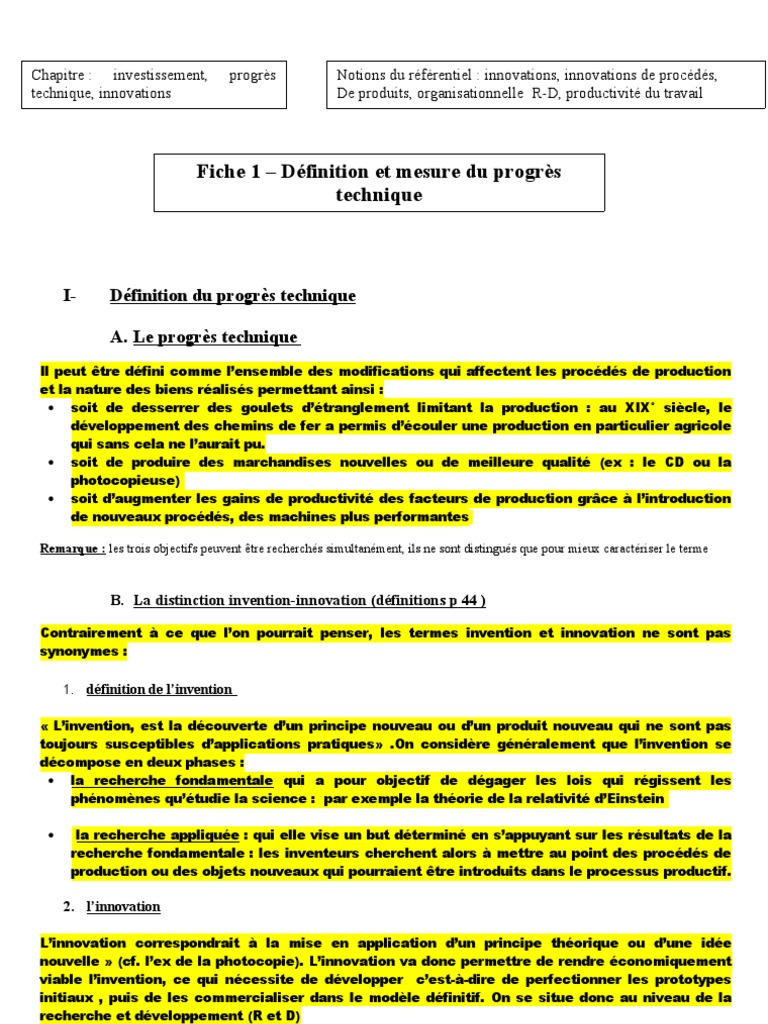 Chapitre Progrès Technique Fiche 1 À 32009-2010 | PDF | Croissance ...