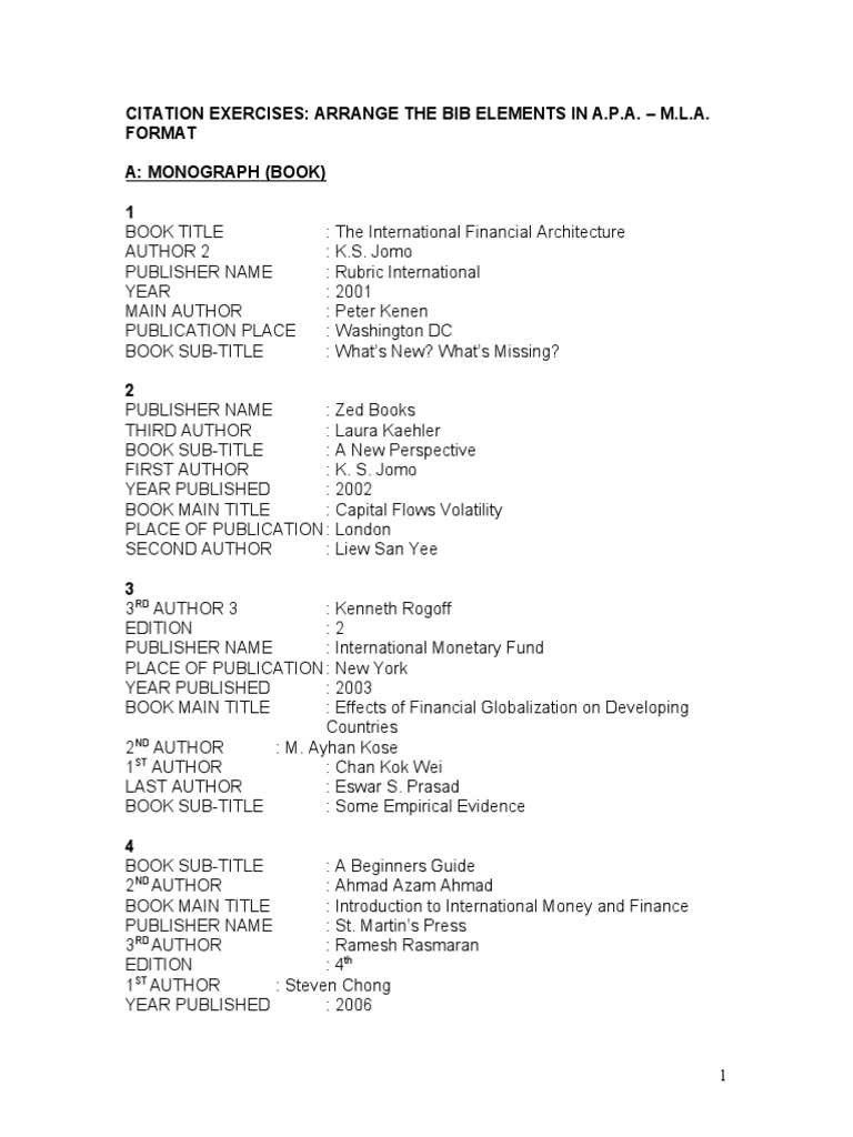 Citation Exercises: Arrange The Bib Elements in A.P.A. - M.L.A. Format ...