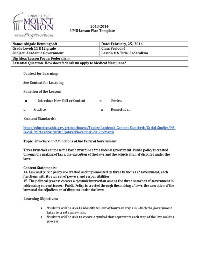 Federalism Lesson Plan | PDF | Lesson Plan | Educational Psychology