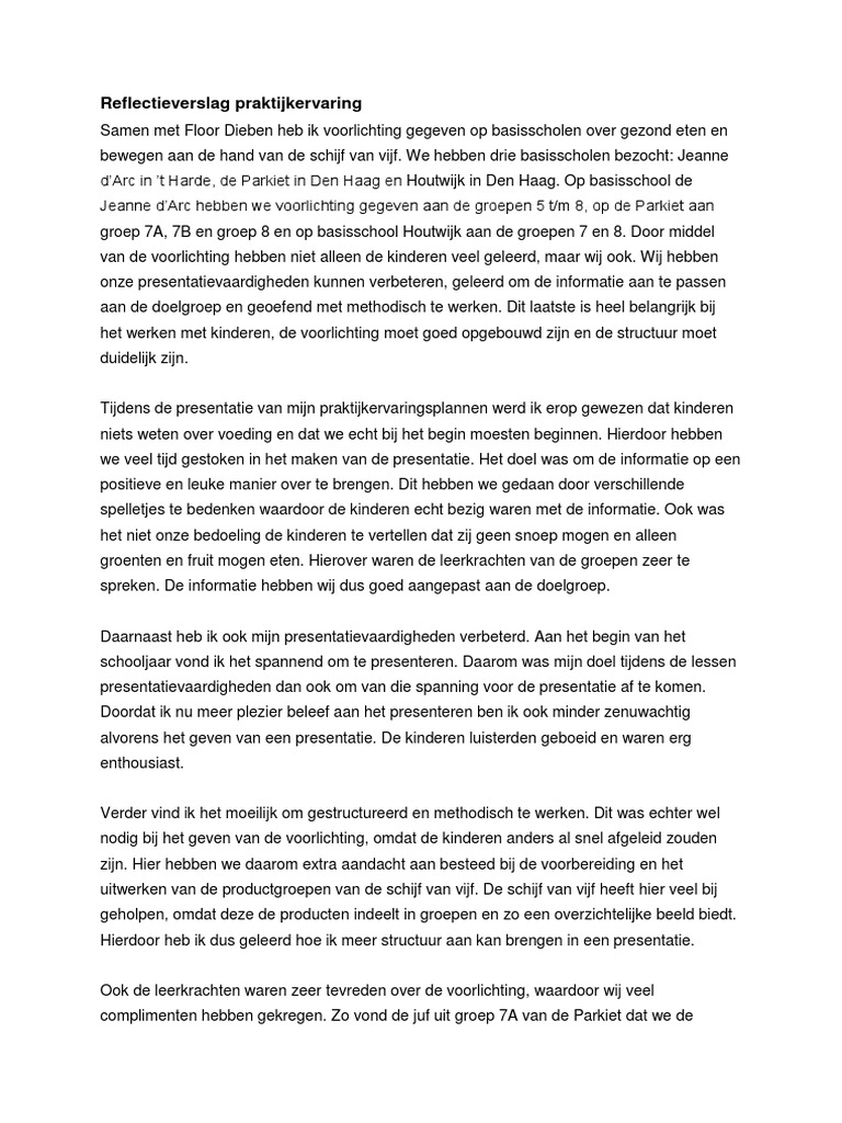 Reflectieverslag Praktijkervaring Voorlichting Basisschool | PDF