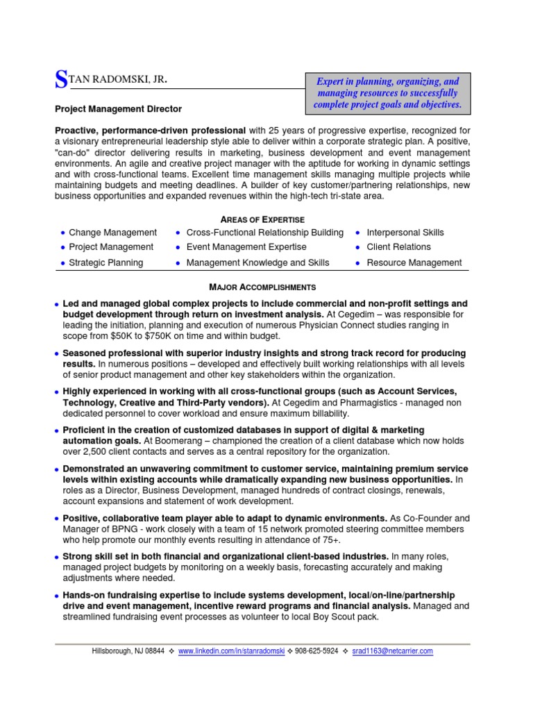 Project Manager Director Pharmaceutical in NYC Resume Stan Radomski ...