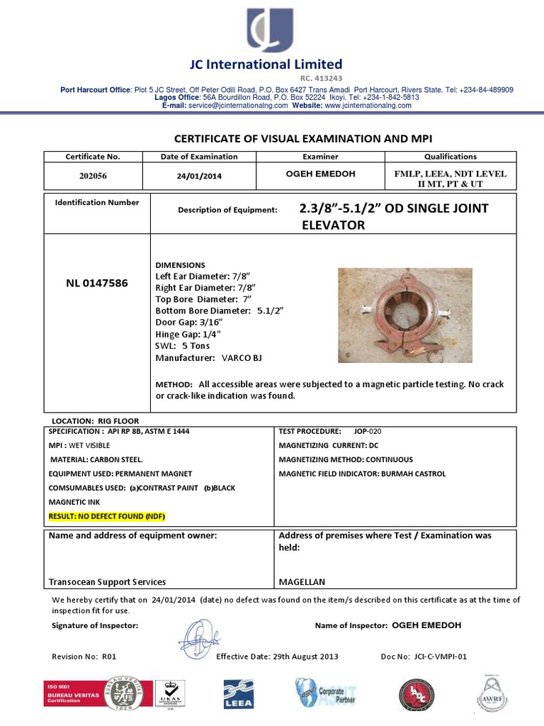 International Limited: Certificate of Visual Examination and Mpi | PDF ...