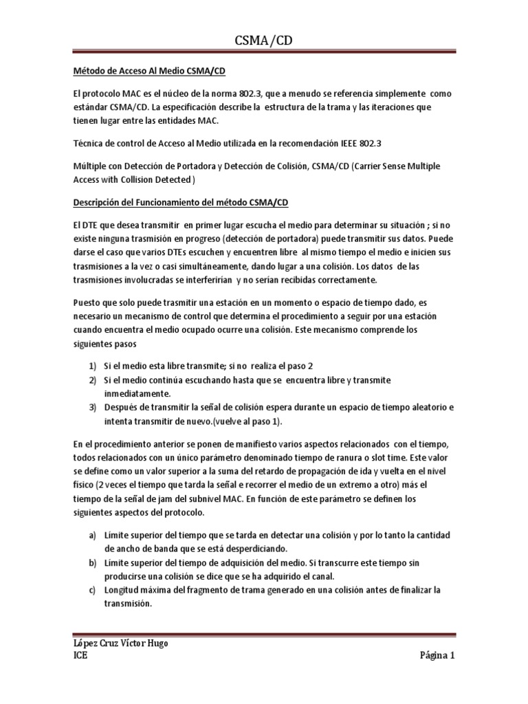 Método de Acceso Al Medio CSMA-CD | PDF | Áreas de informática | Redes de computadoras