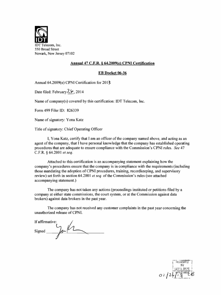 IDT Telecom CPNI Certification | PDF | United States Secret Service ...