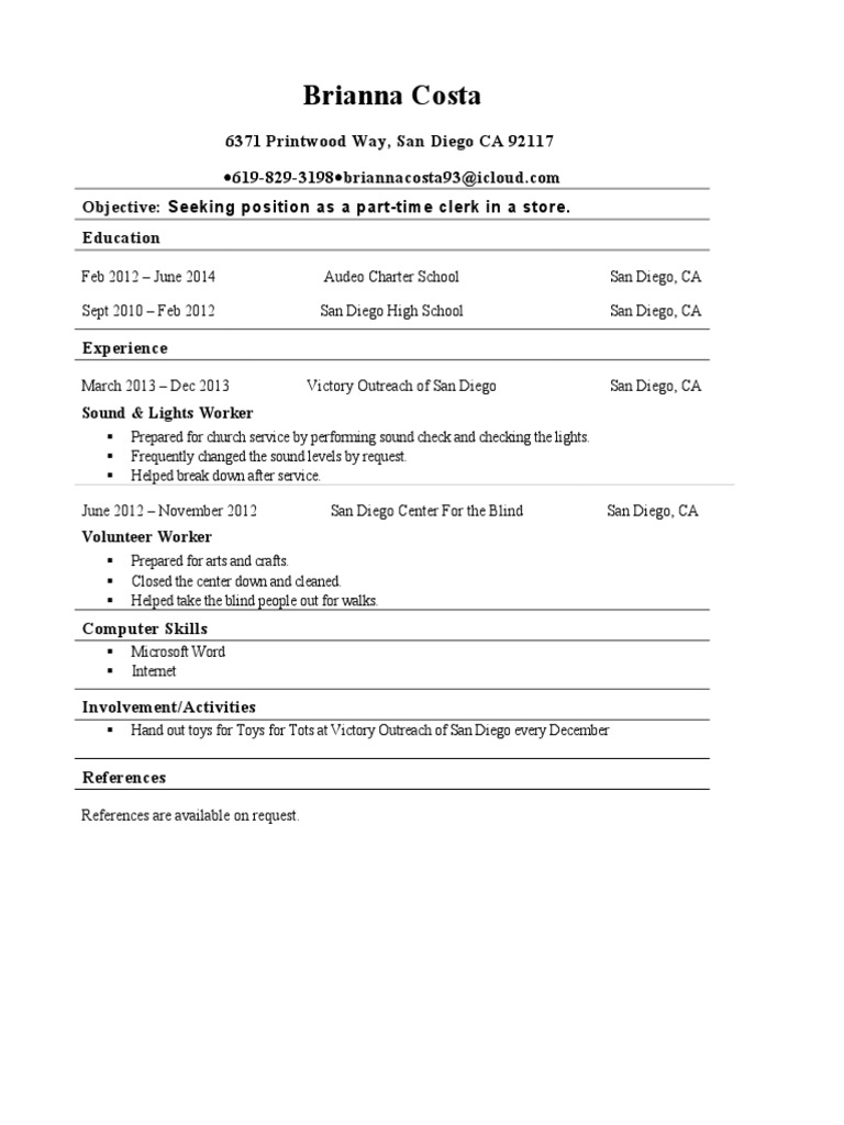 Part-Time Clerk Resume for Brianna Costa | PDF