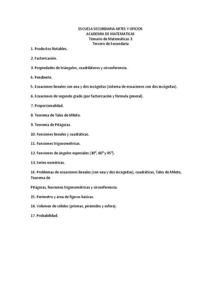 Temario De Matematicas Tercero Secundaria Pdf