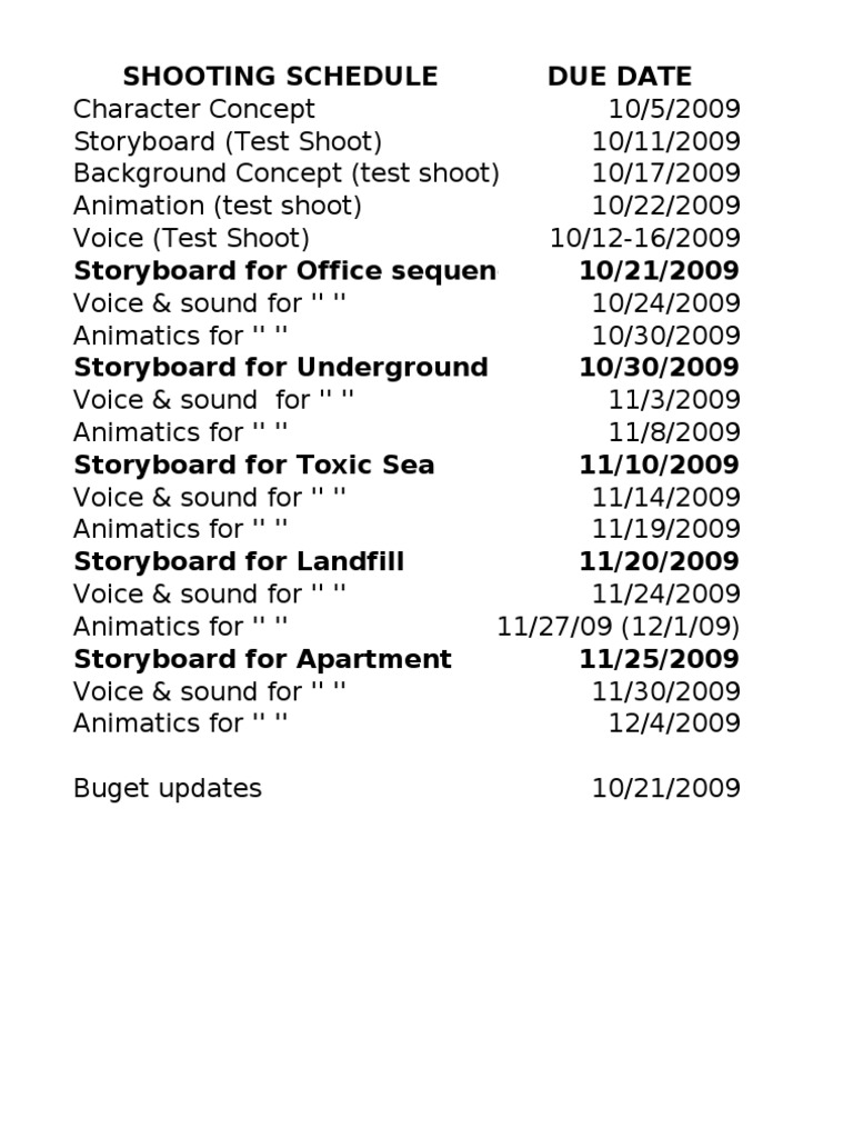 Shooting Schedule and Deadlines | PDF | Art