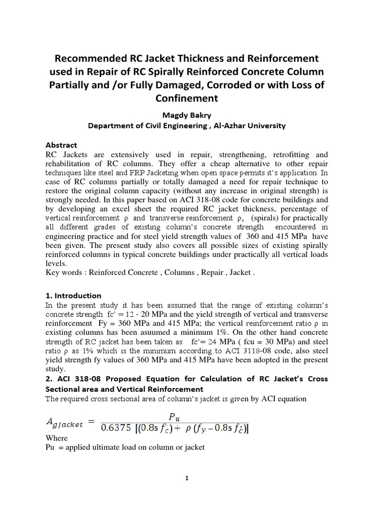Recommended RC Jacket Thickness and Reinforcement Used in Repair of RC ...