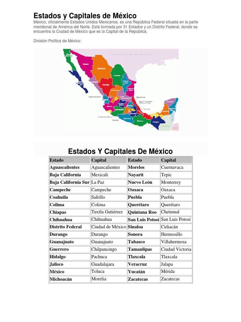 Estados Y Capitales Correspondientes Para Imprimir Estados De Estados