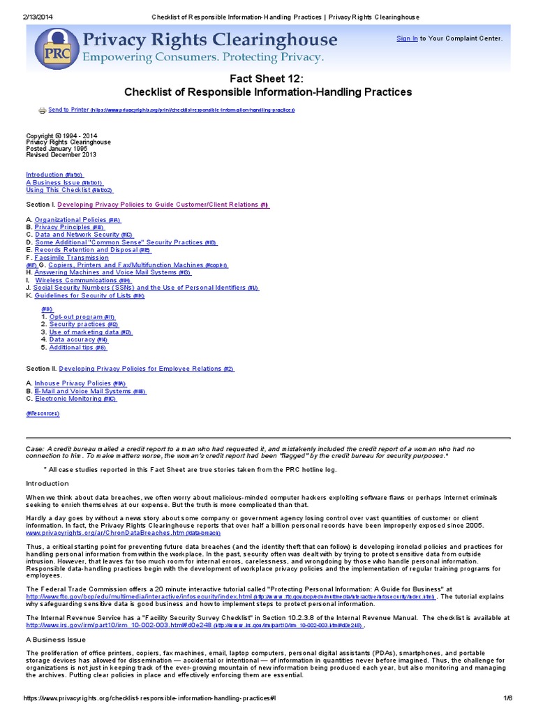 Checklist of Responsible Information-Handling Practices - Privacy Rights Clearinghouse | PDF ...