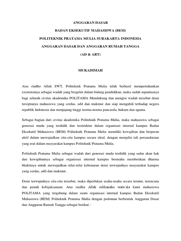 Contoh Anggaran Dasar Bem | PDF