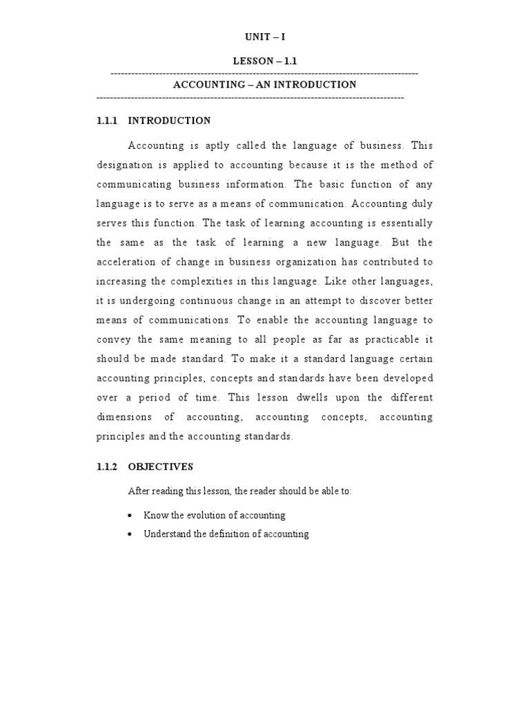 Unit - I Lesson - 1.1 Accounting - An Introduction | PDF | Accounting ...