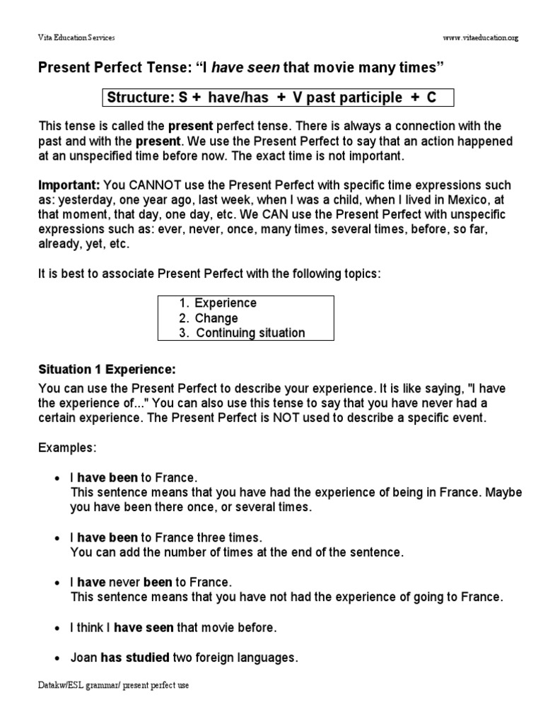 Present Perfect Handout | Download Free PDF | Perfect (Grammar ...