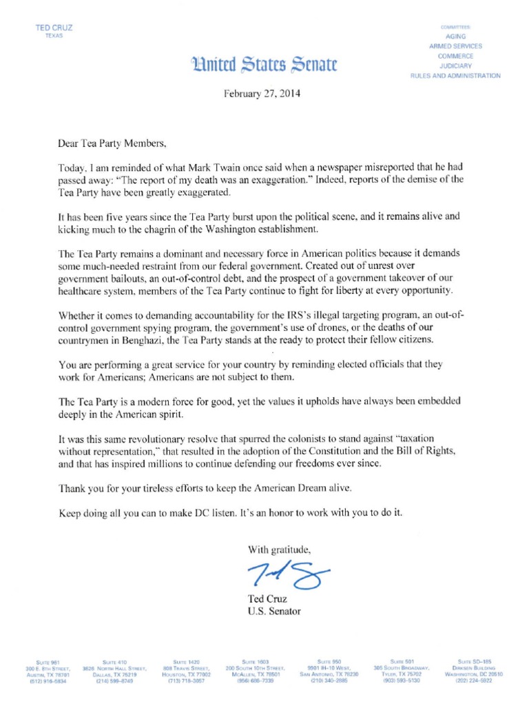 Letter From Sen. Cruz To Tea Party Members | PDF