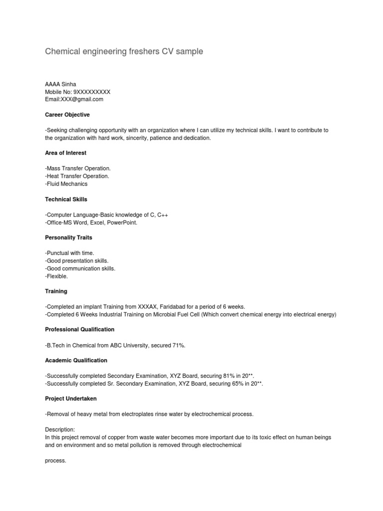 Chemical Engineering Freshers CV Sample. | PDF