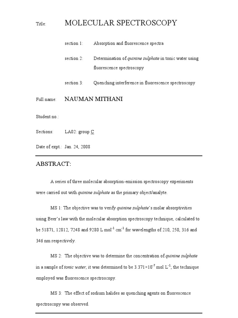 MS 1 - 3 Report | PDF | Fluorescence Spectroscopy | Absorption Spectroscopy
