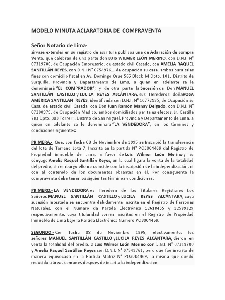 Modelo Minuta Aclaratoria de Compraventa | PDF | Derecho civil (sistema ... Modelo Minuta Aclaratoria de Compraventa | PDF | Derecho civil (sistema ...