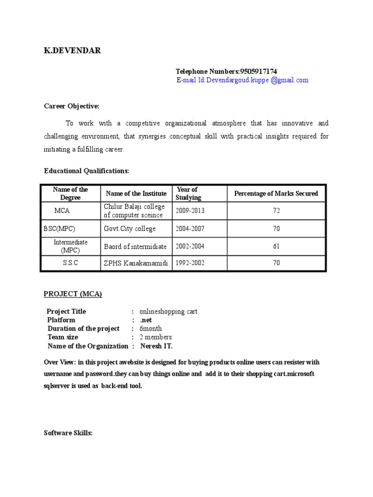 K.Devendar Resume and Career Profile | PDF | Business | Art