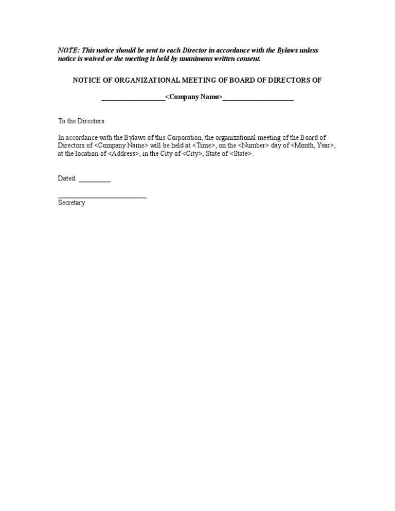 2-1 Notice of Organizational Meeting - Board of Directors | PDF | Board ...