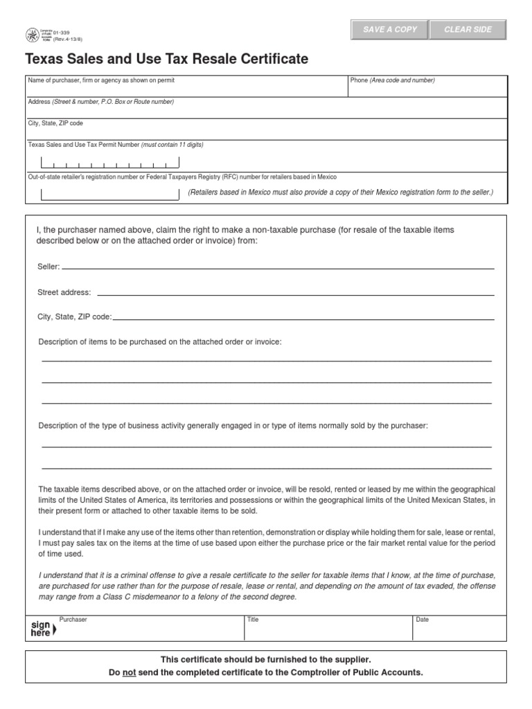 Texas Resale Certificate | PDF