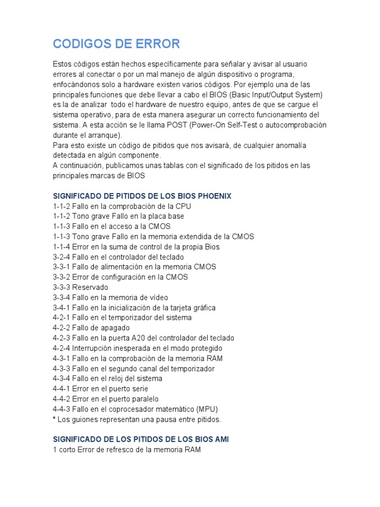Codigos de Error | PDF | Bios | Hardware de la computadora