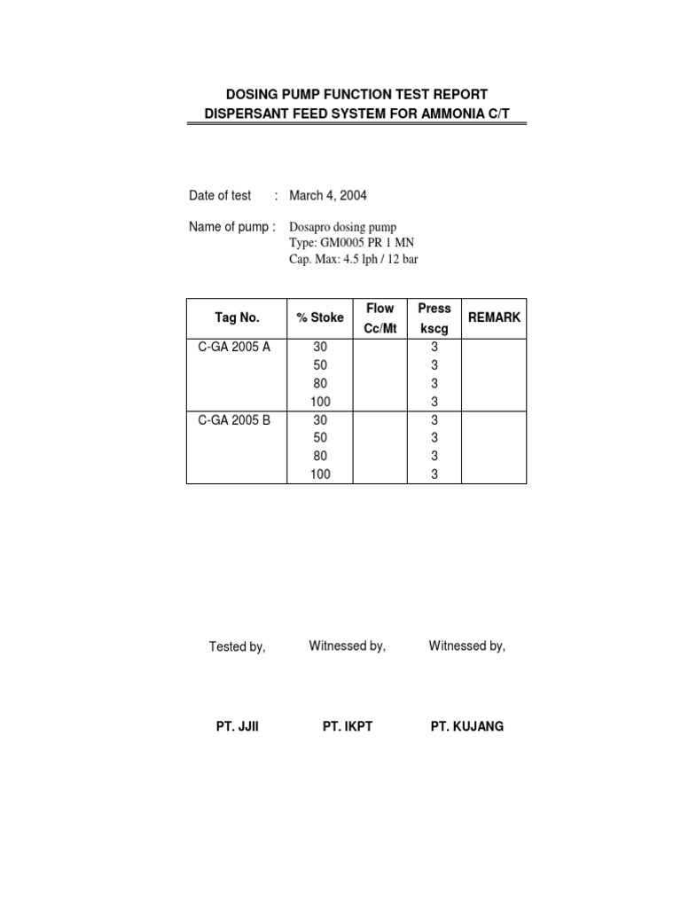 Dosing Pump Function Test Report | PDF | Chemical Substances | Chemistry