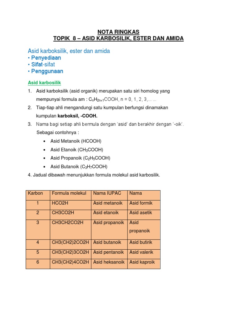 Nota Ringkas Topik 8 - Asid Karbosilik, Ester Dan Amida | PDF
