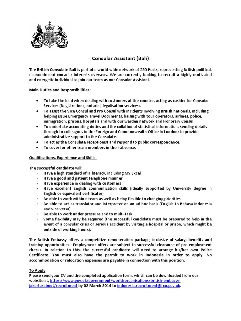 Consular Assistant (Bali): Supporting British Citizens and Promoting UK ...
