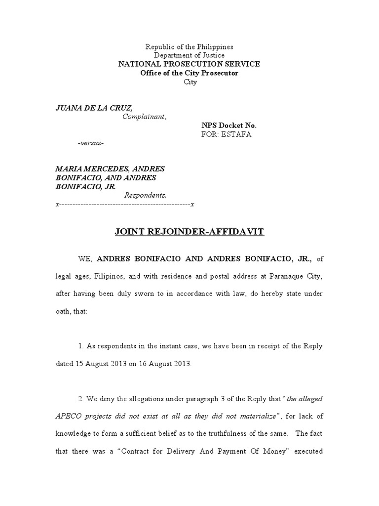 Joint Rejoinder Affidavit Sample | PDF | Legal Procedure | Public Law
