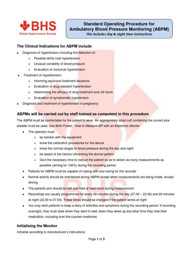 BHS Standard Operating Procedure For ABPM | PDF | Hypertension | Blood ...