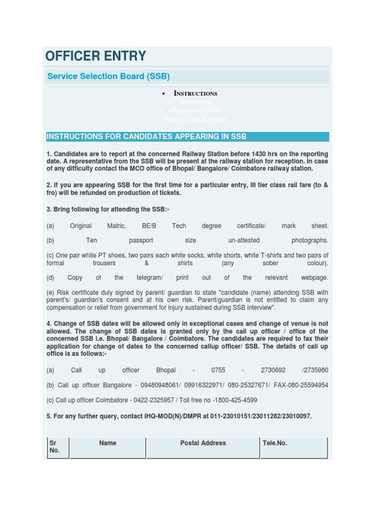 Officer Entry: Service Selection Board (SSB) | PDF