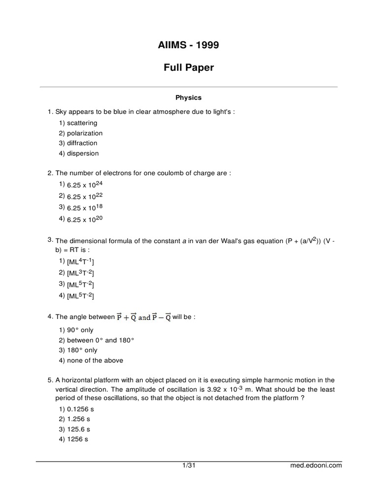 AIIMS Full Paper 1999 | PDF