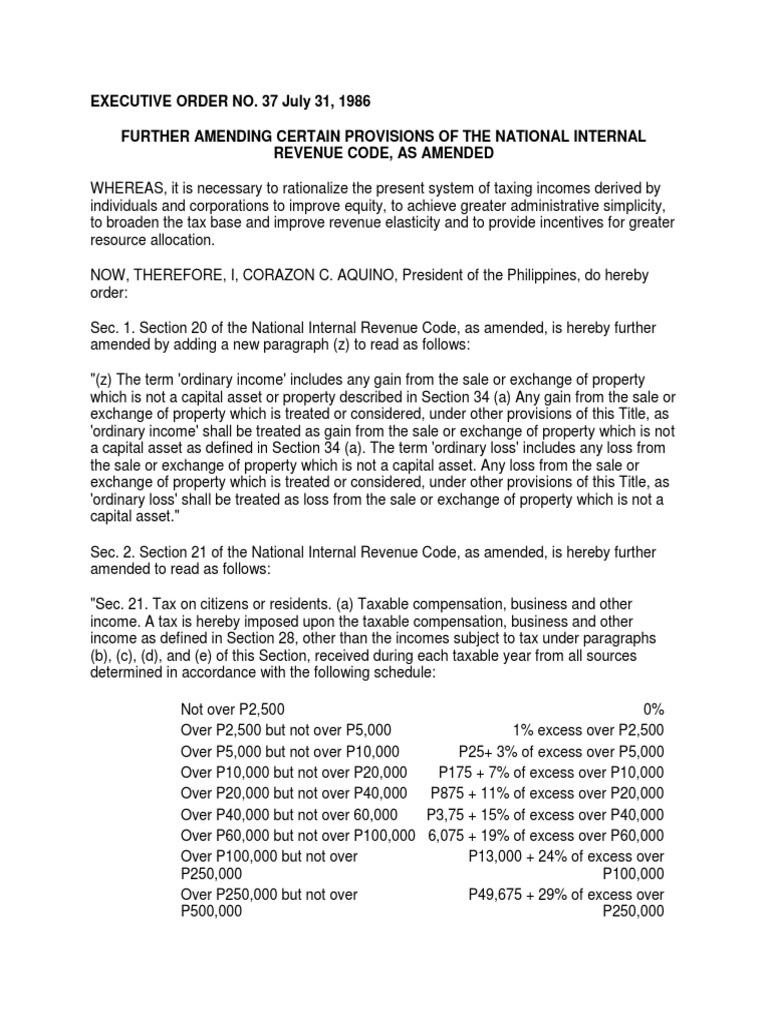 Executive Order No. 37 July 31, 1986 | PDF | Capital Gains Tax | Tax ...
