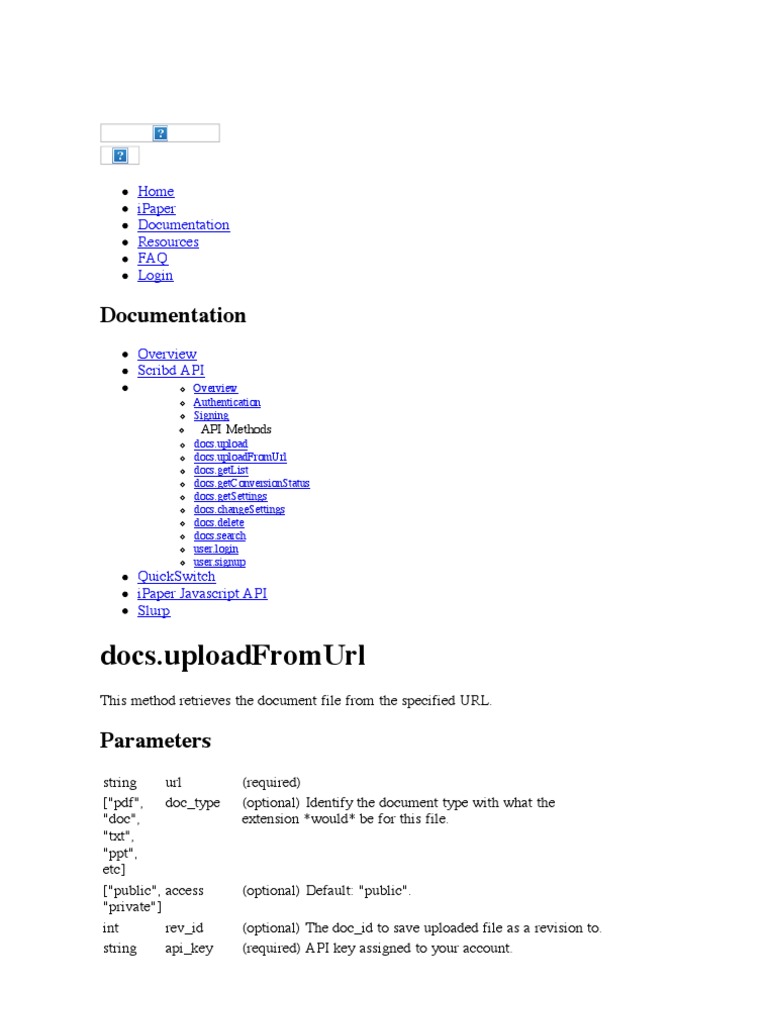 Api?method Name Docs | PDF | Scribd | Application Programming Interface