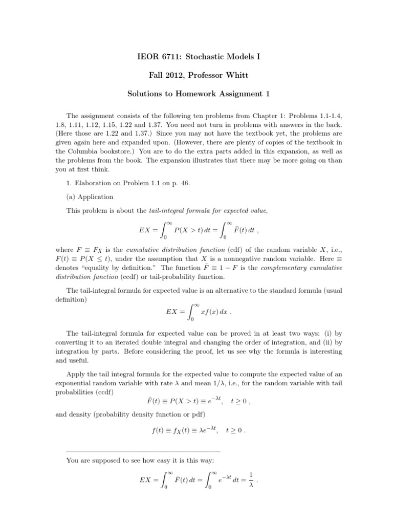 IEOR 6711: Stochastic Models I Fall 2012, Professor Whitt Solutions To Homework Assignment 1 ...