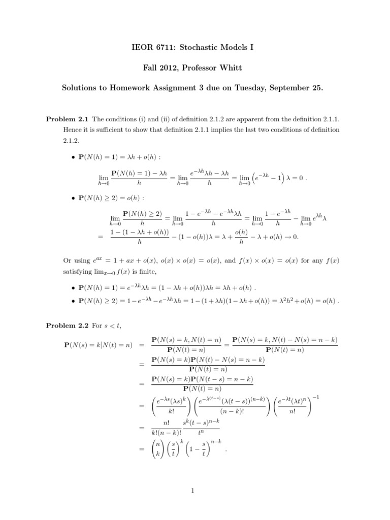 IEOR 6711: Stochastic Models I Fall 2012, Professor Whitt Solutions To ...
