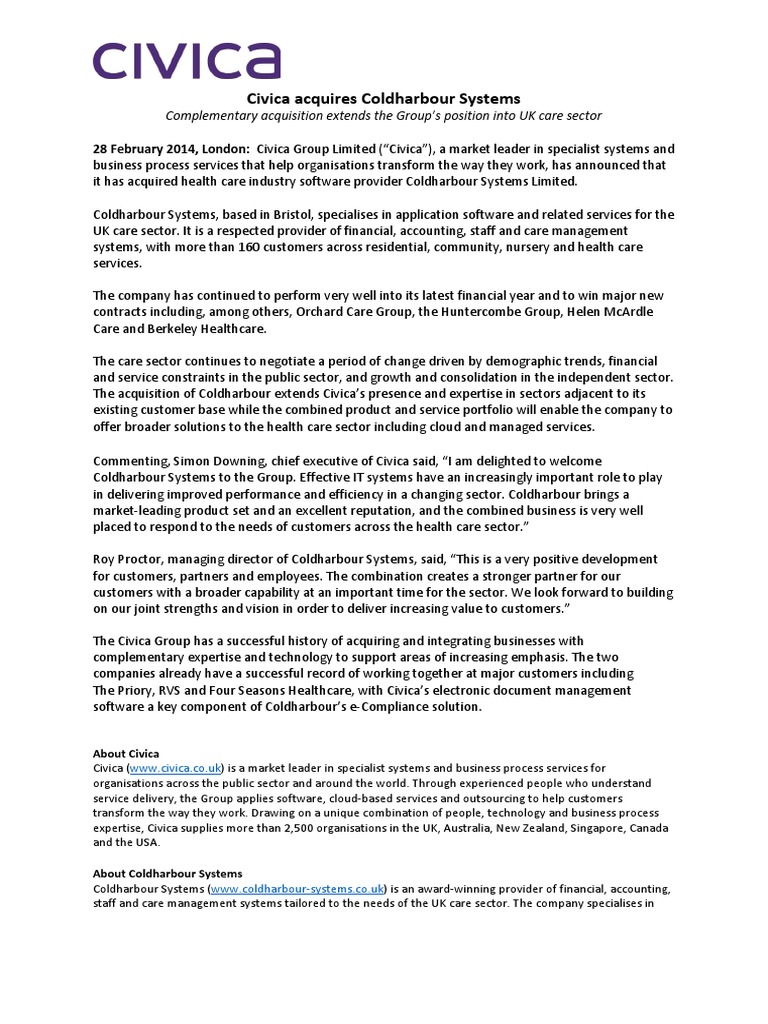 Civica Acquires Coldharbour Systems | PDF