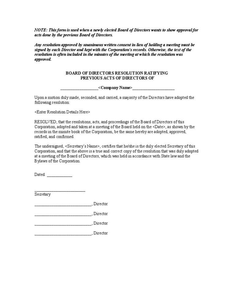 5-12 Resolution Ratifying Previous Acts of Directors | PDF | Board Of ...