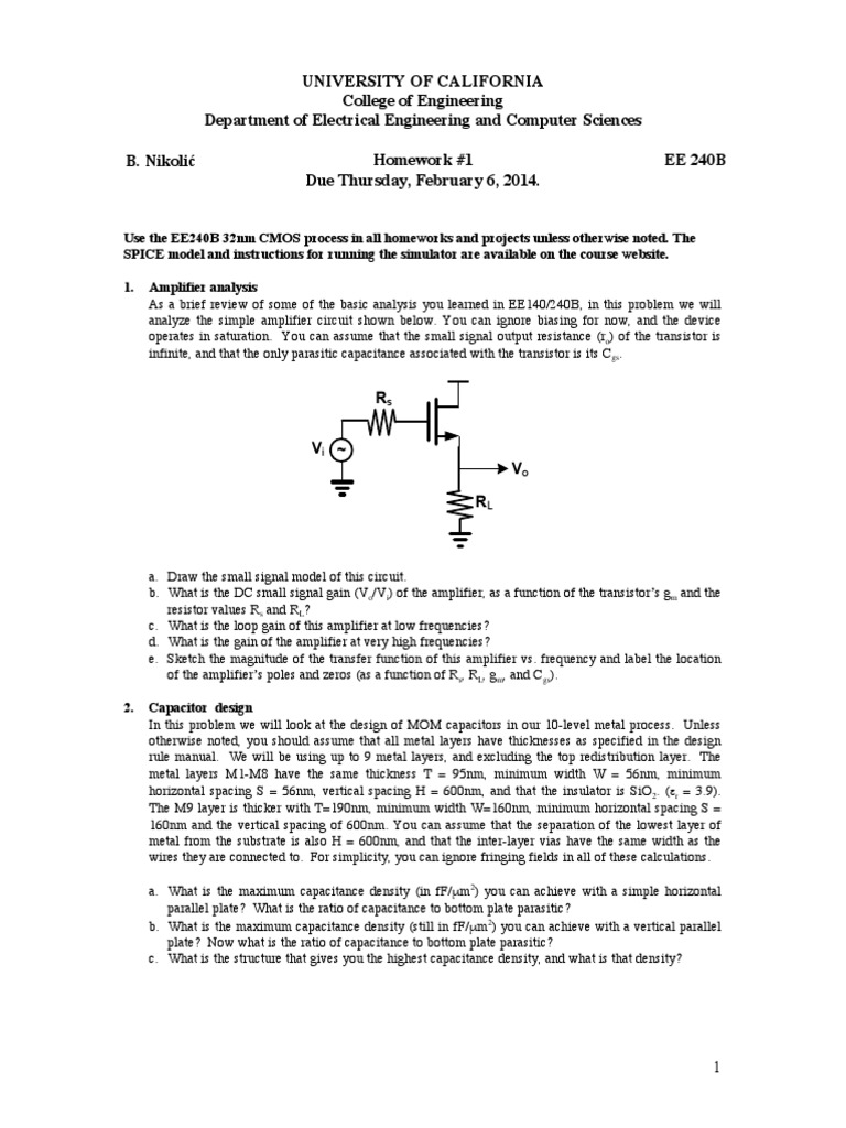 EE 240B Homework: Analog Design Problems For Electrical Engineers | PDF ...