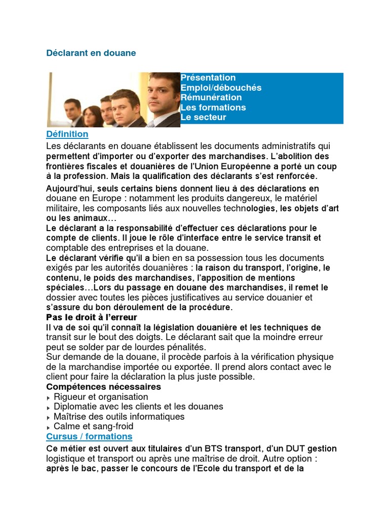 Métier de Déclarant en Douane | PDF | Transport | Informatique