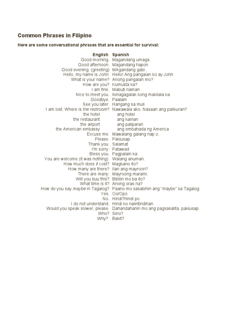 Common Phrases in Tagalog | Idioma Tagalog