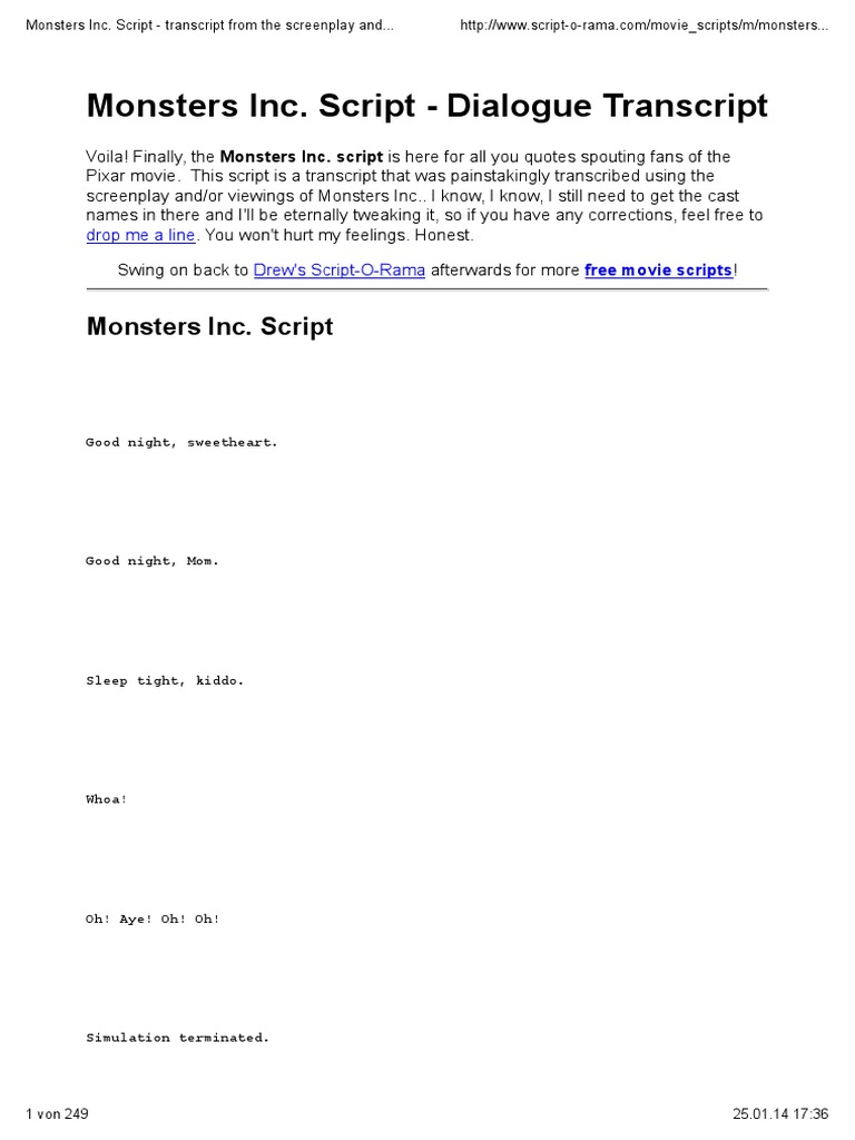 Monsters Inc. Full Script Transcript | PDF | Leisure