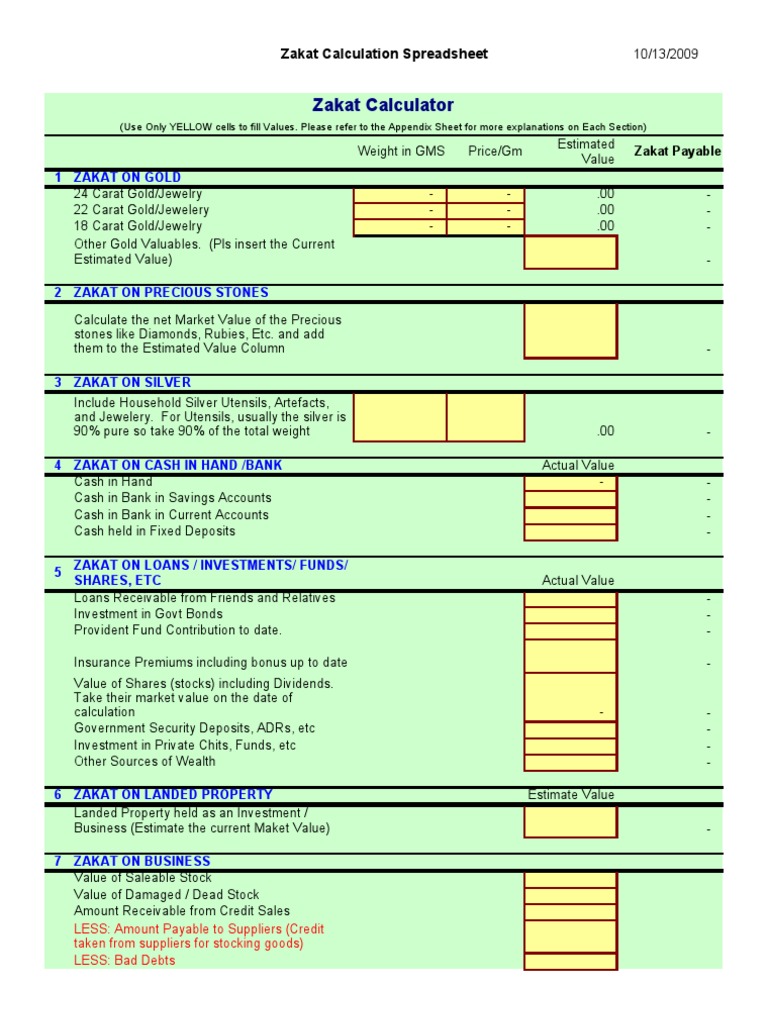 Zakat Calculation Spreadsheet | Stocks | Business