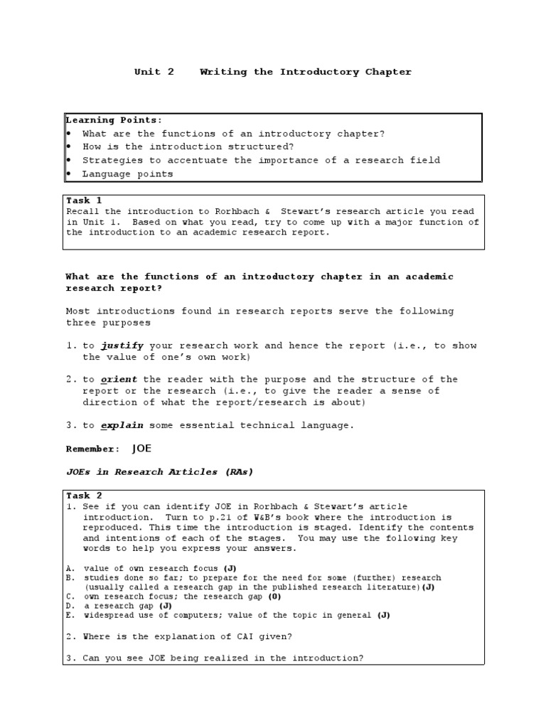 Unit 2 Writing The Introductory Chapter: Learning Points | PDF ...