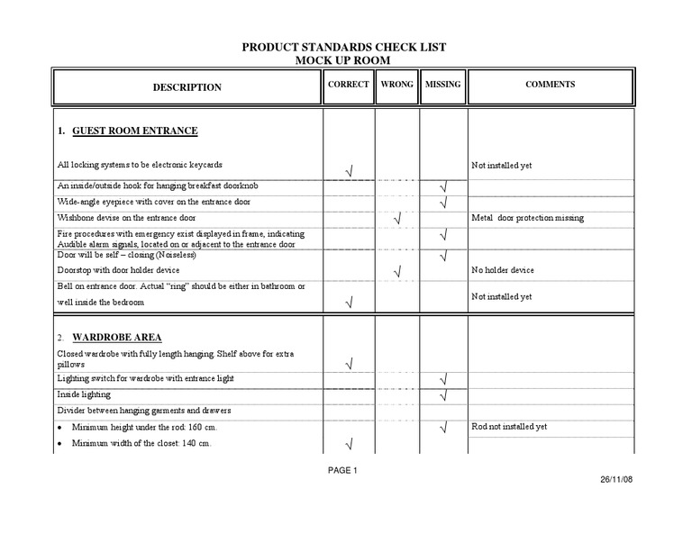 Mock Up Room Inspection Checklist | PDF