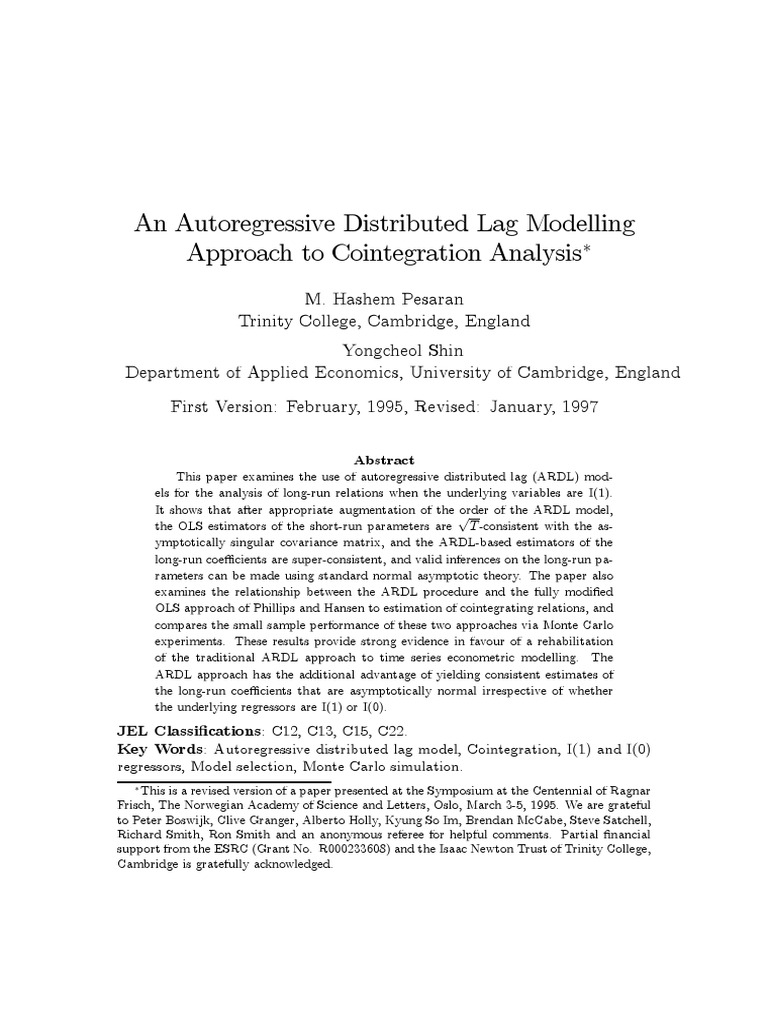 An Autoregressive Distributed Lag Modelling Approach To Cointegration Analysis | PDF | Ordinary ...