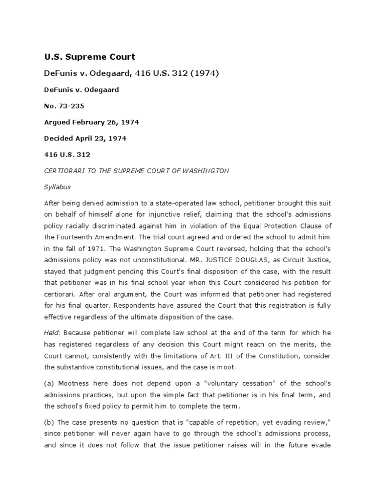 DeFunis v. Odegaard | PDF | Mootness | Equal Protection Clause