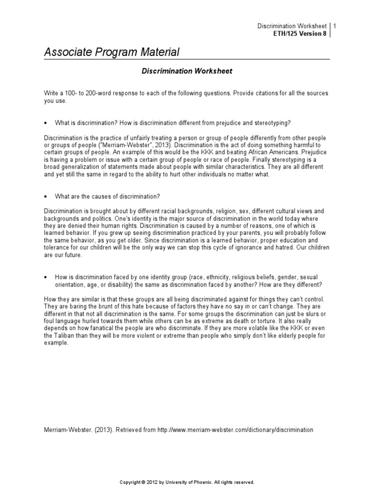 Discrimination Worksheet | PDF | Discrimination | Hatred