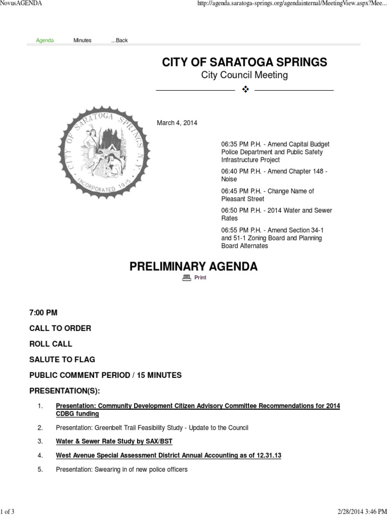 Preliminary 3-4-14 City Council Agenda | PDF | Government | Public Sphere